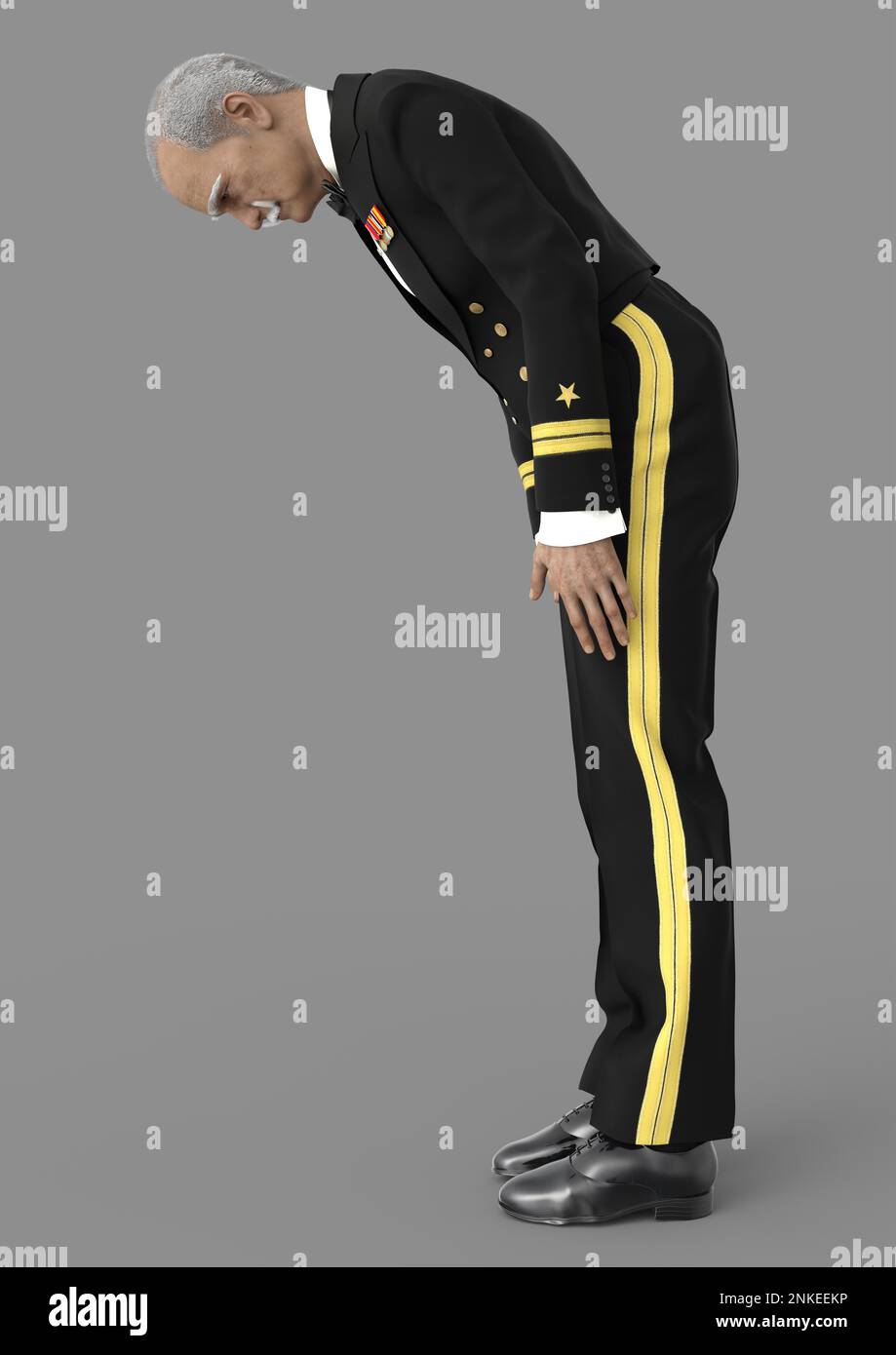 3D-illustration of an older elegant cartoon butler in military uniform ...