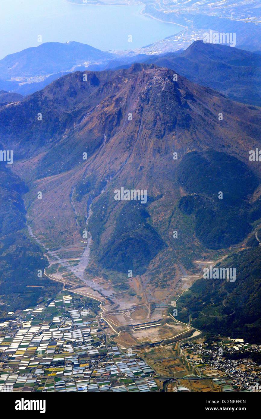 An aerial photo shows Fugen-dake of Mount Unzen in Shimabara City ...