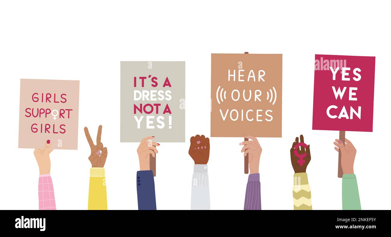 Feminist strike. Hands of diverse woman hold banners with woman ...
