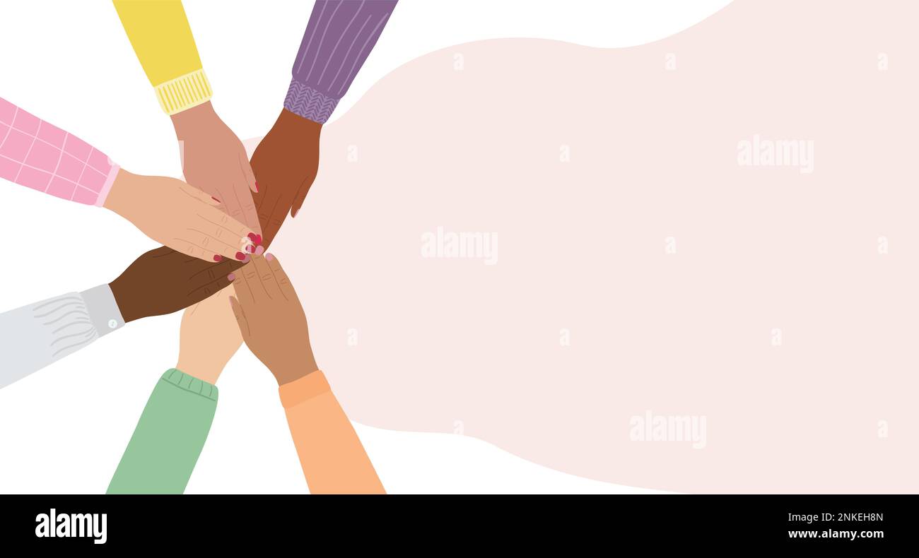 Horizontal banner of female hands stacking together. Woman empowerment ...