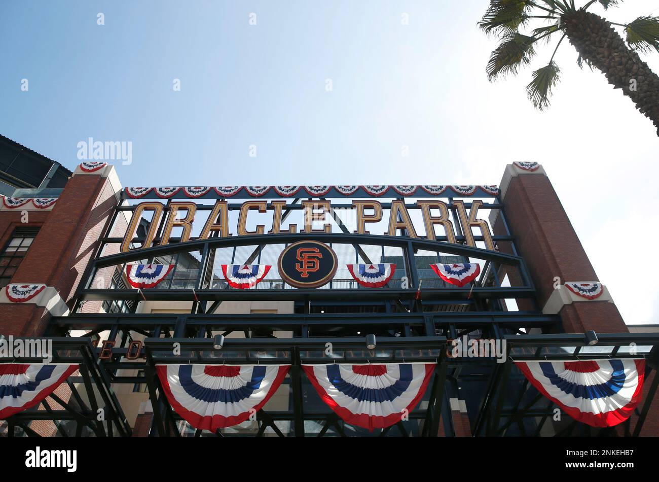 The new Oracle Park sign is installed above the Willie Mays Gate at the ...