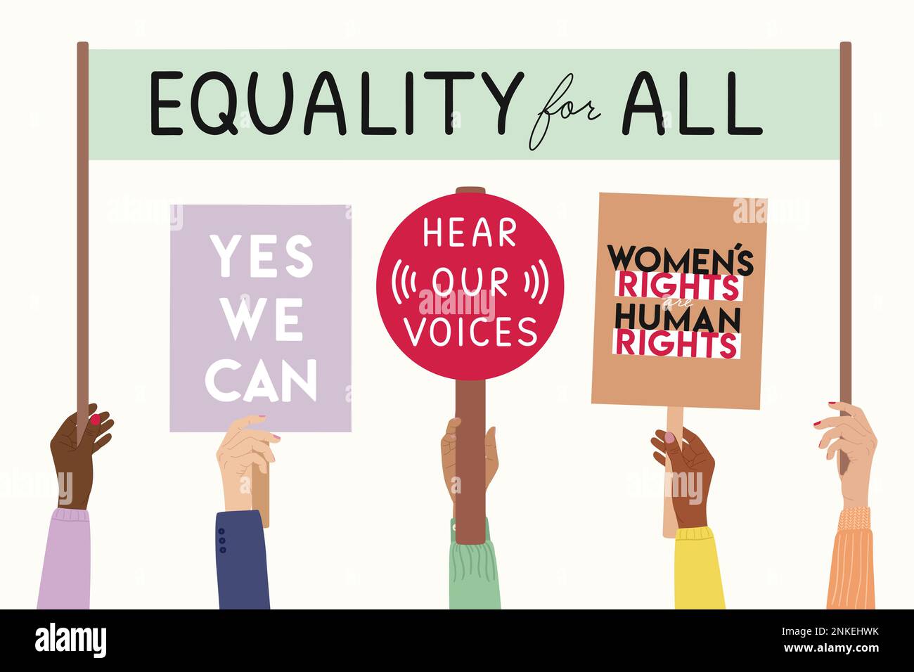 Feminist Strike Hands Of Diverse Woman Hold Banners With Woman