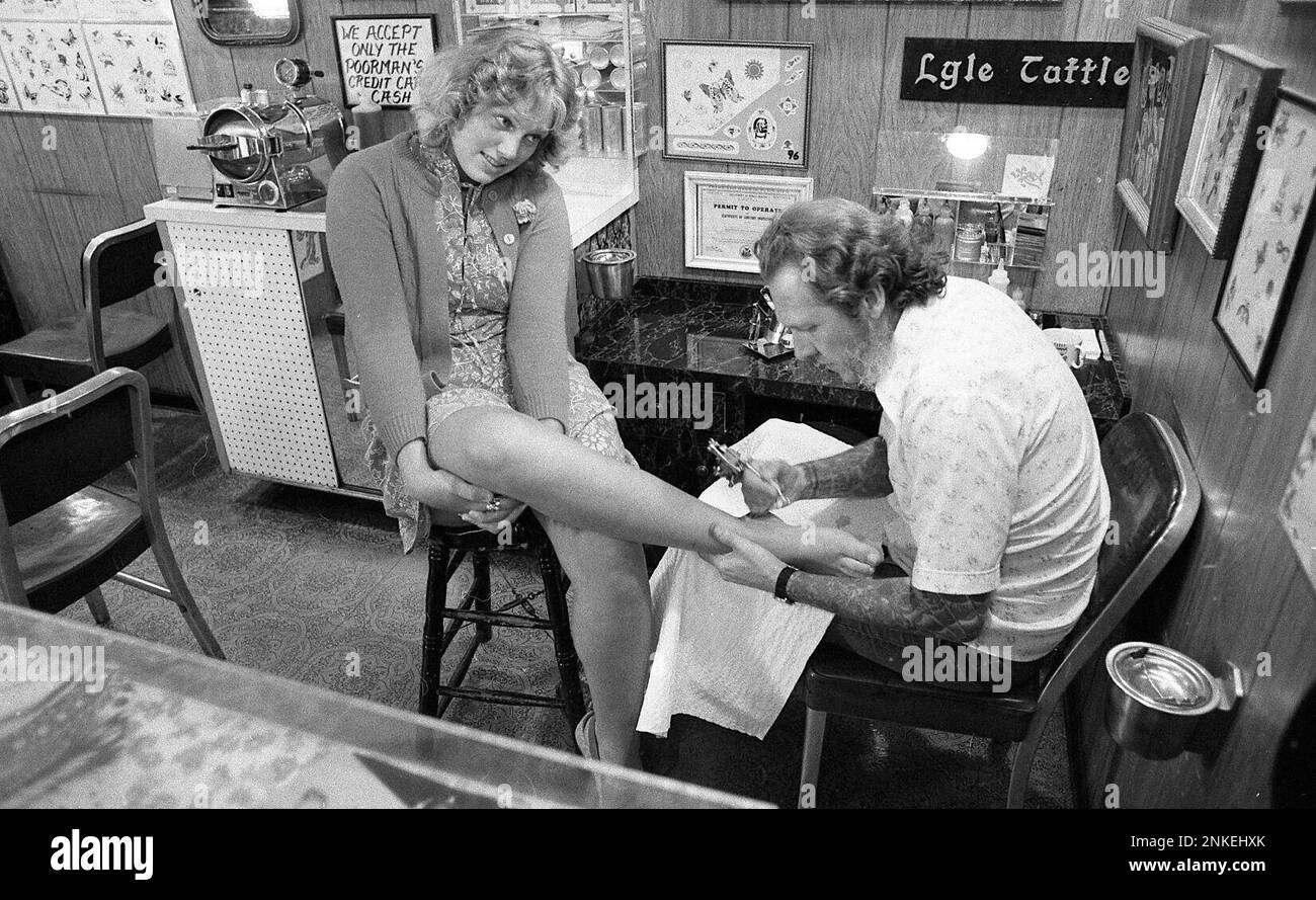 Tattoo artist Lyle Tuttle, at work in his studio, July 23, 1976 (Bill ...