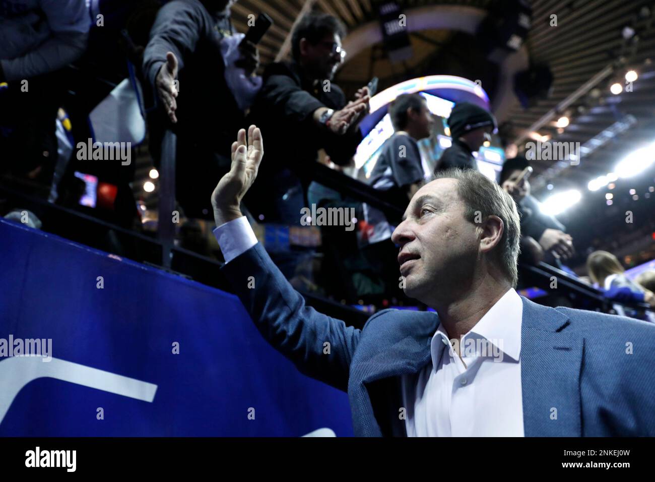Golden State Warriors' owner Joe Lacob waves as he leaves the court ...