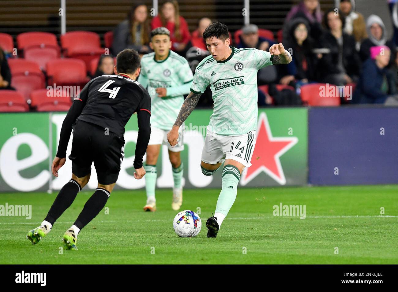 WASHINGTON, DC - APRIL 02: Atlanta United midfielder Franco Ibarra (14) makes a pass during the ...