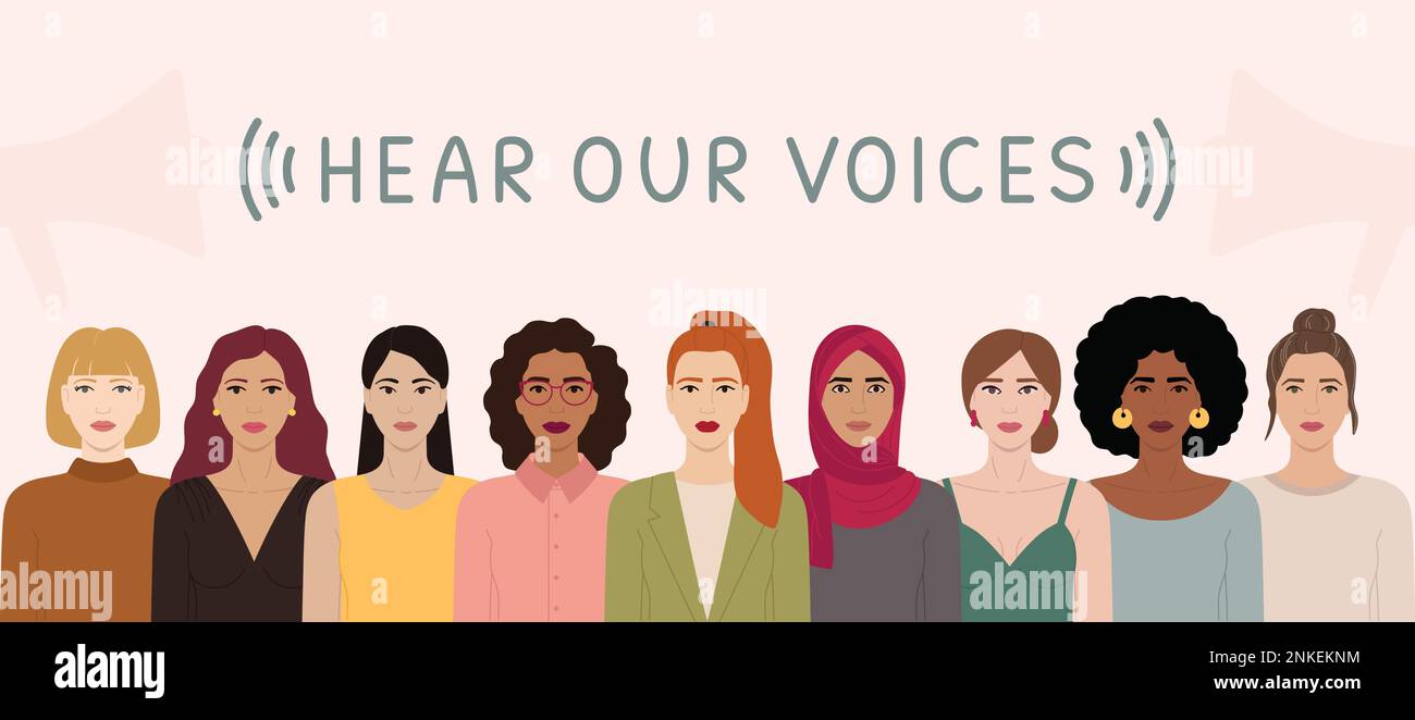 Hear our voices horizontal banner with group of diverse female ...