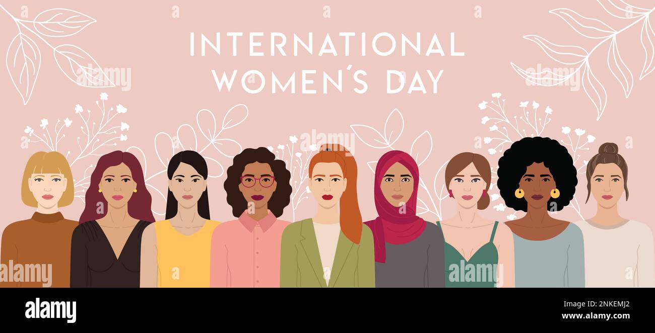 Horizontal banner with group of diverse female characters stand ...