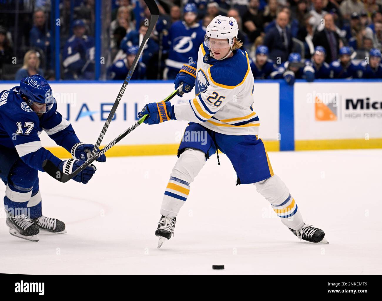 Buffalo Sabres defenseman Rasmus Dahlin (26) looks to shoot against ...