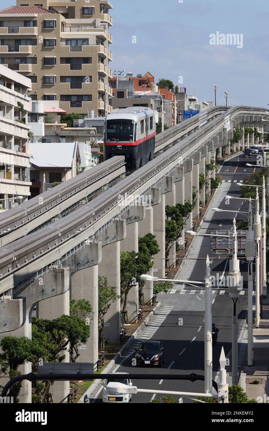 A photo shows the Okinawa Urban Monorail (Yui Rail) in Naha City ...