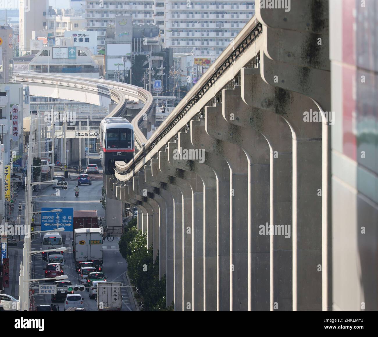 A photo shows the Okinawa Urban Monorail (Yui Rail) in Naha City ...