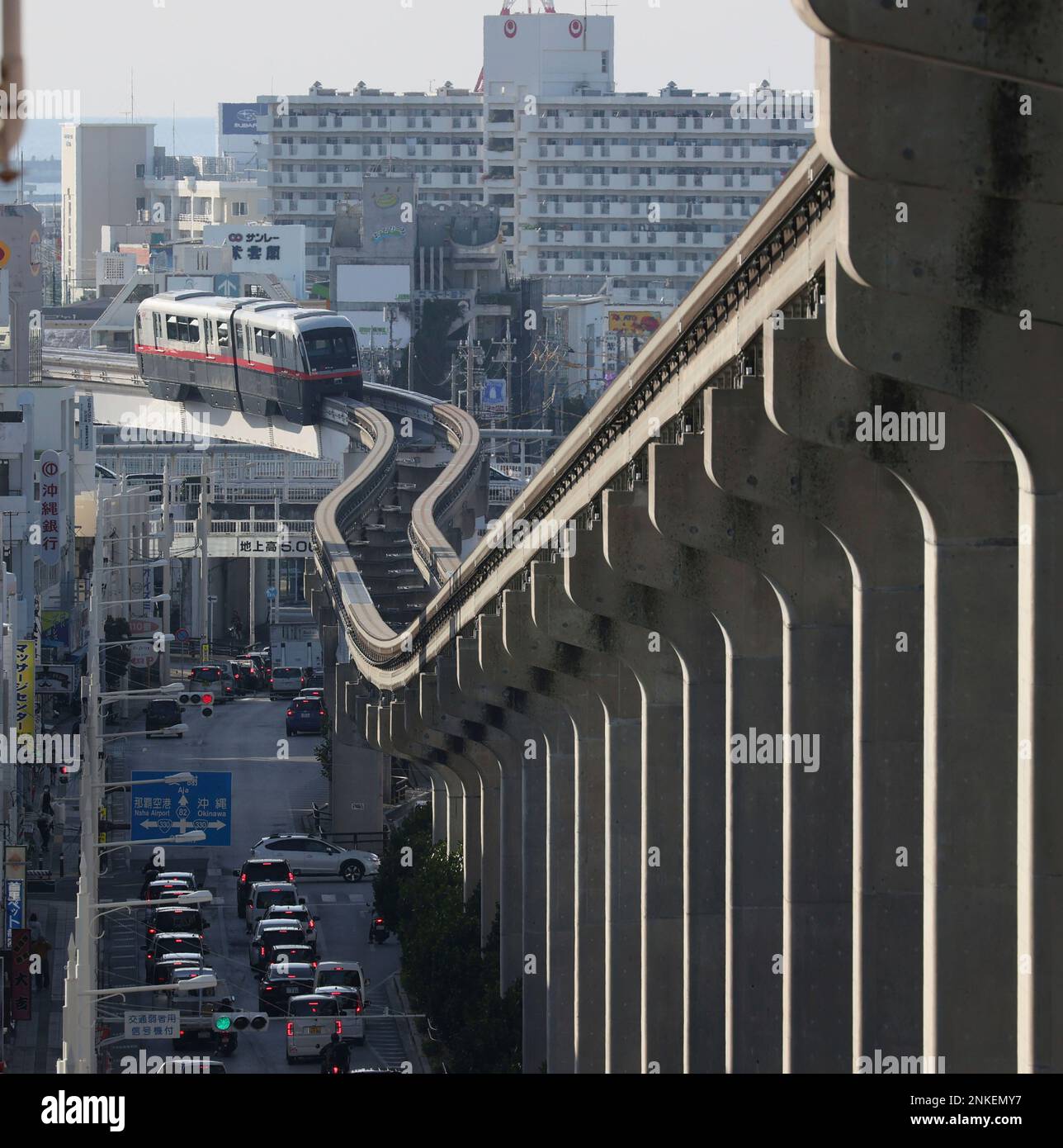 A photo shows the Okinawa Urban Monorail (Yui Rail) in Naha City ...
