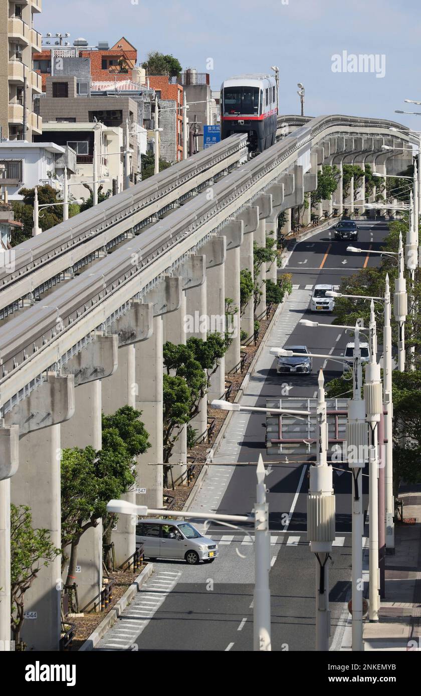A photo shows the Okinawa Urban Monorail (Yui Rail) in Naha City ...