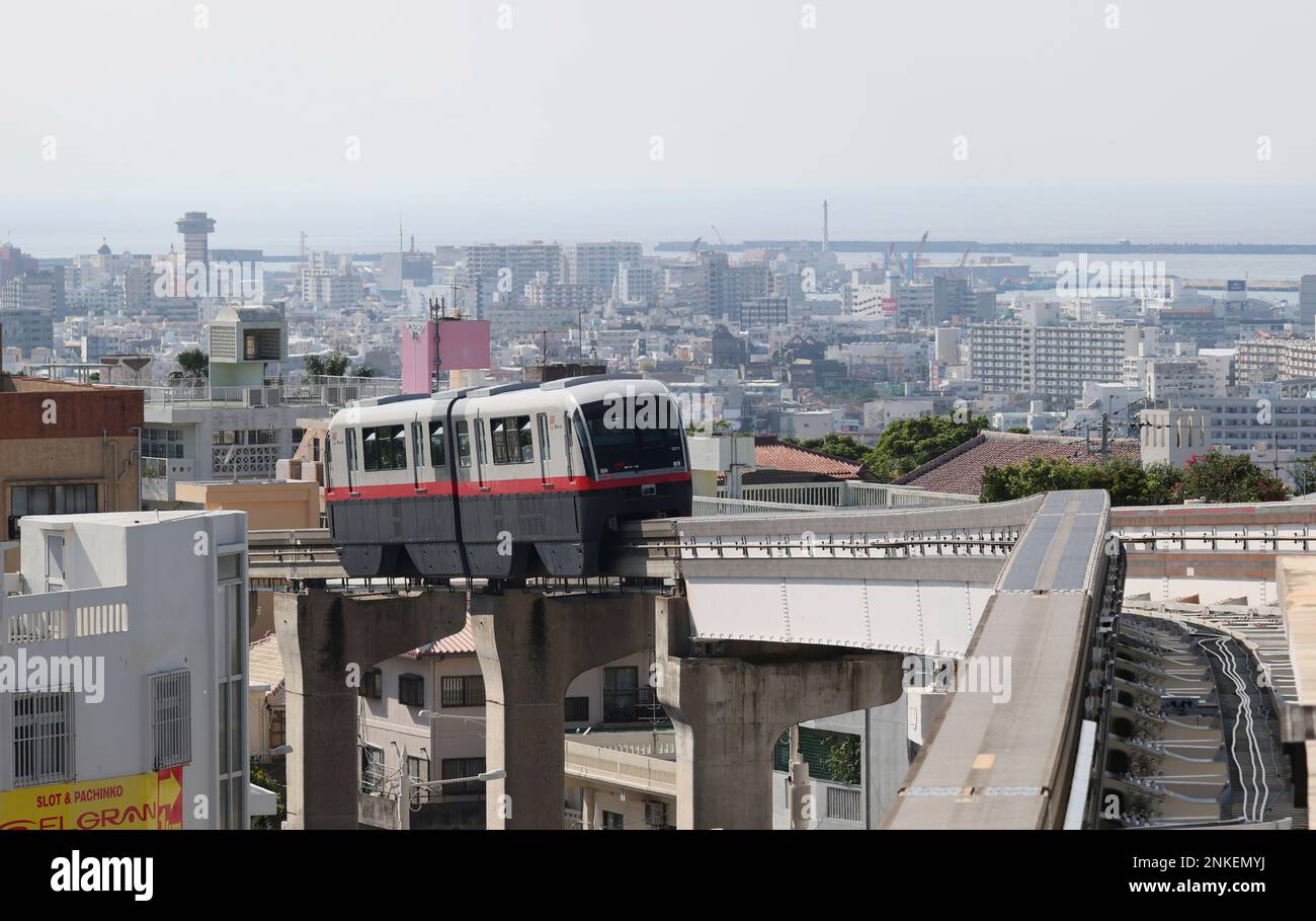 A photo shows the Okinawa Urban Monorail (Yui Rail) in Naha City ...