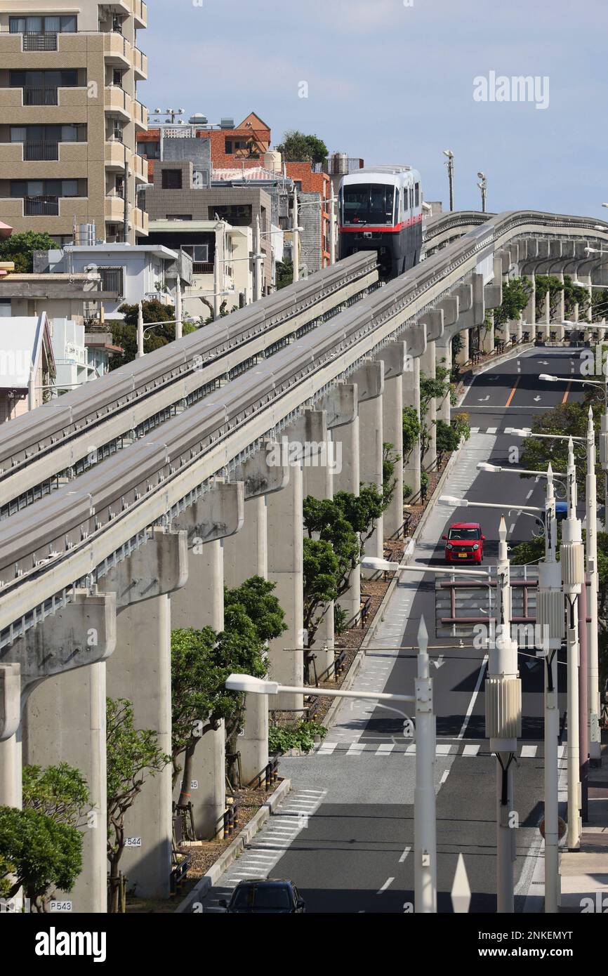 A photo shows the Okinawa Urban Monorail (Yui Rail) in Naha City ...