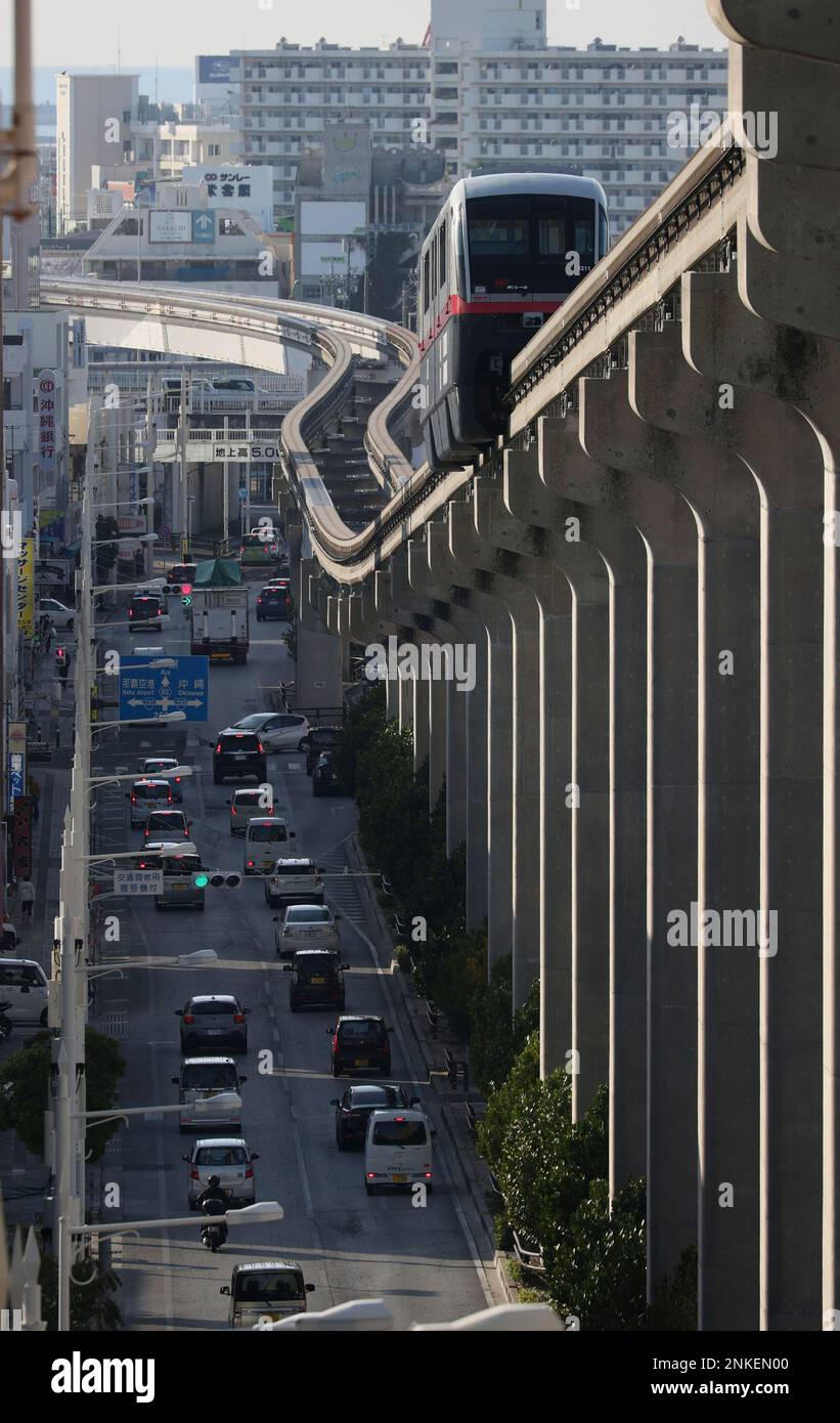 A photo shows the Okinawa Urban Monorail (Yui Rail) in Naha City ...