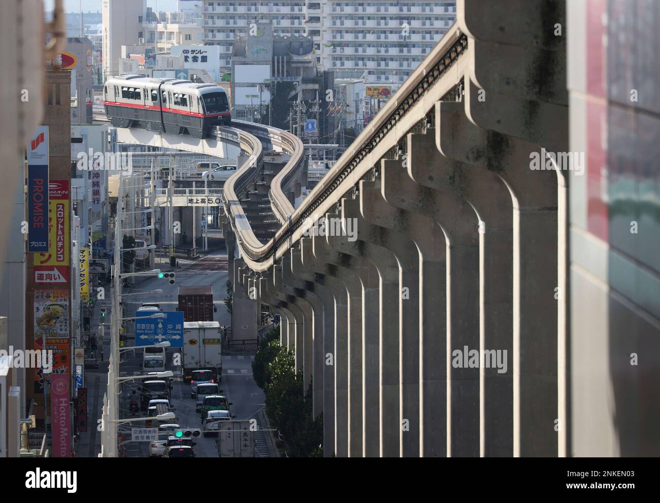 A photo shows the Okinawa Urban Monorail (Yui Rail) in Naha City ...