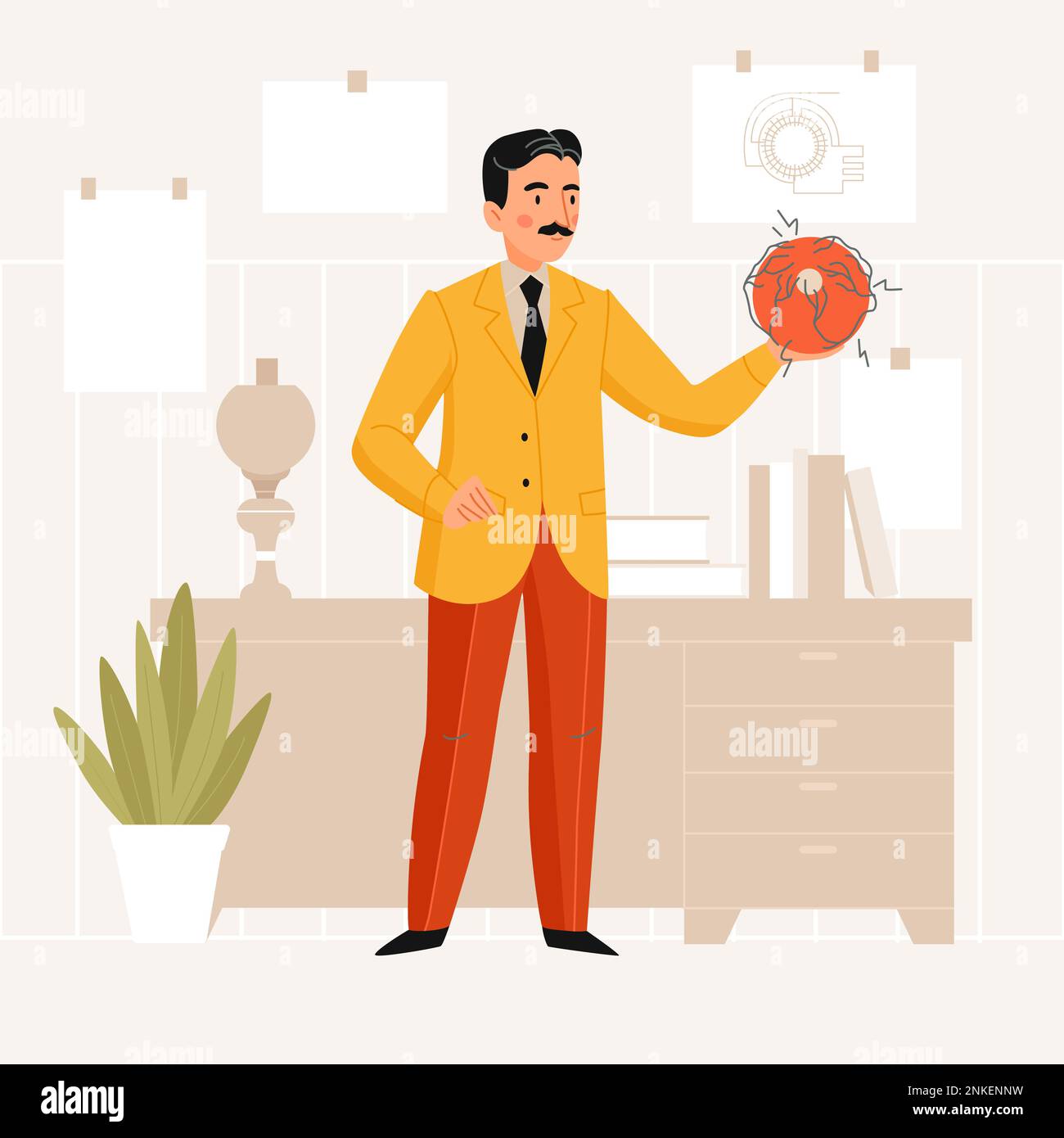 Great scientist nikola tesla in his laboratory flat vector illustration ...