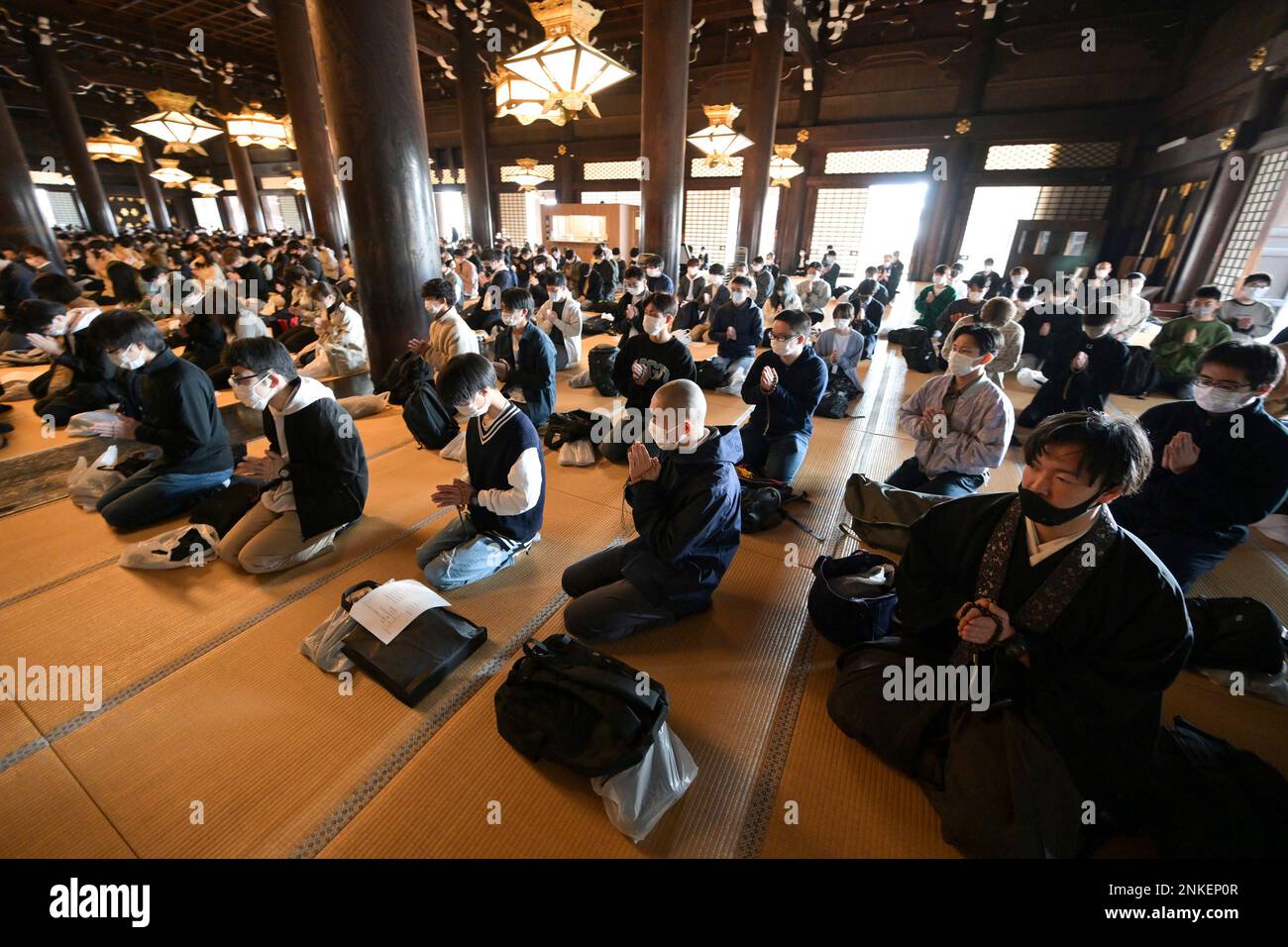 First grade students of Otani University attend a worship ceremony for ...