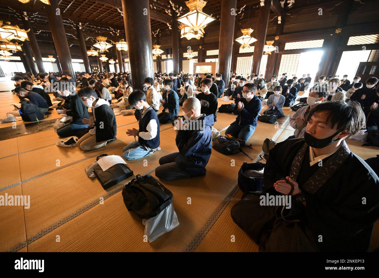 First grade students of Otani University attend a worship ceremony for ...