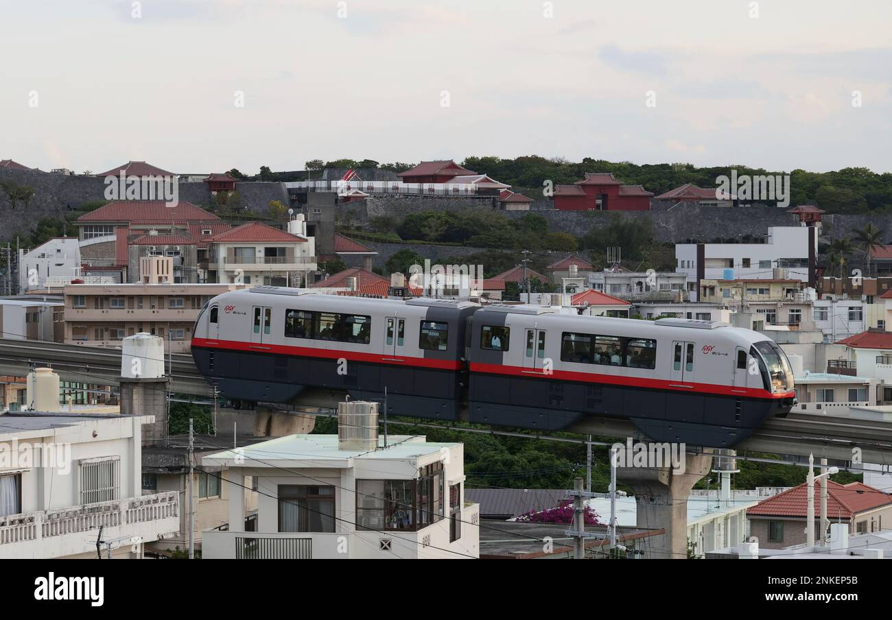 A photo shows the Okinawa Urban Monorail (Yui Rail) in Naha City ...