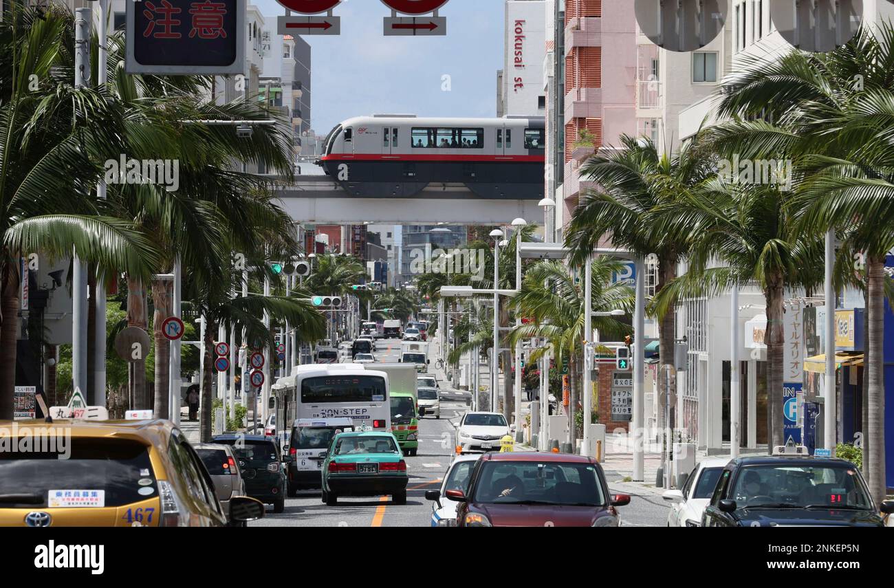 A photo shows the Okinawa Urban Monorail (Yui Rail) in Naha City ...