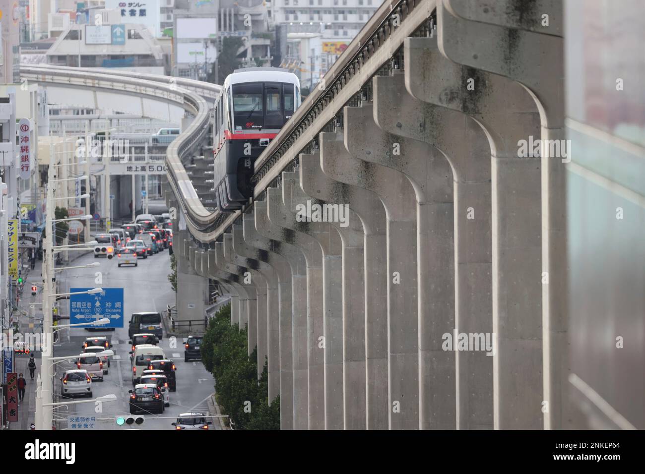 A photo shows the Okinawa Urban Monorail (Yui Rail) in Naha City ...
