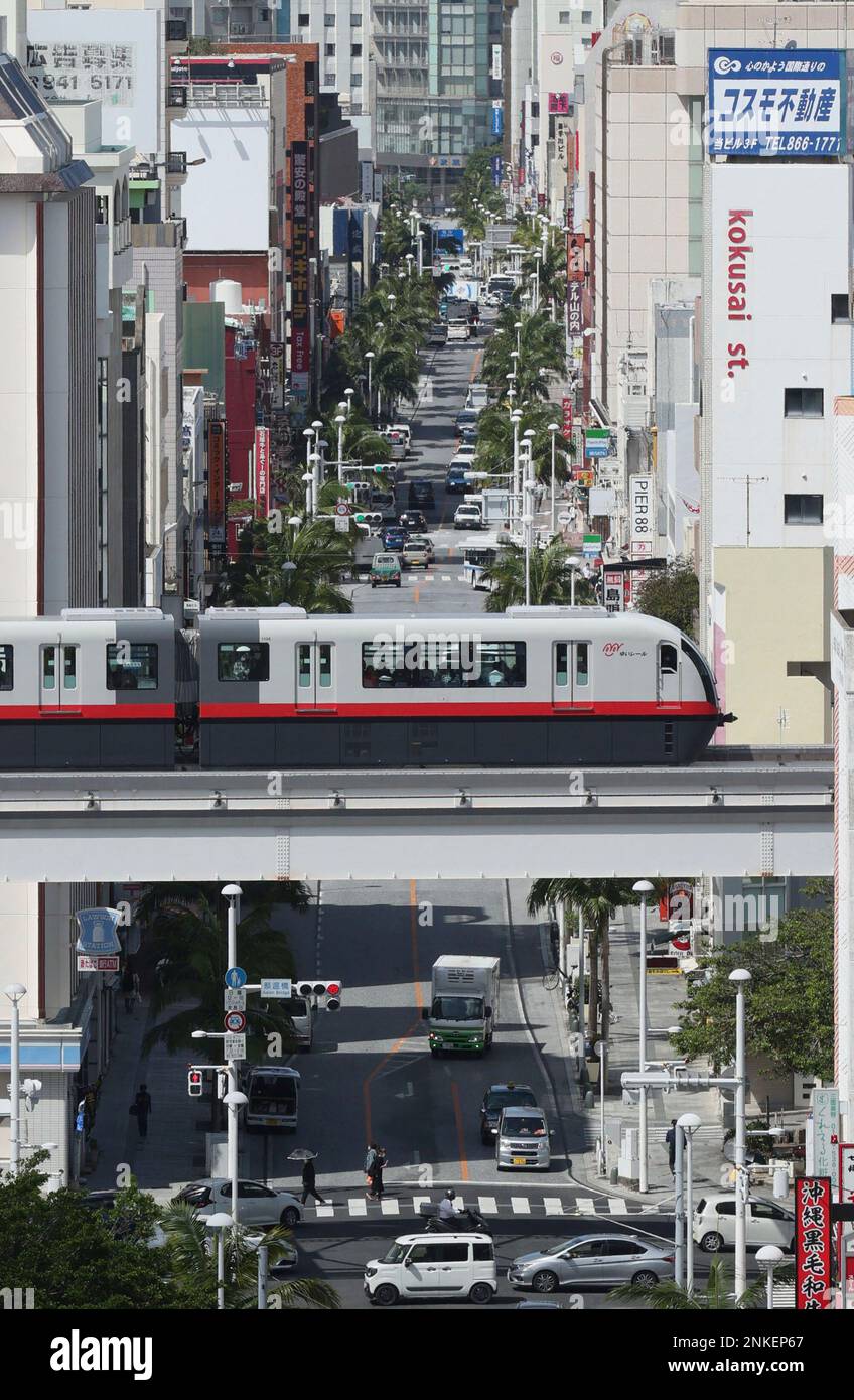 A photo shows the Okinawa Urban Monorail (Yui Rail) in Naha City ...