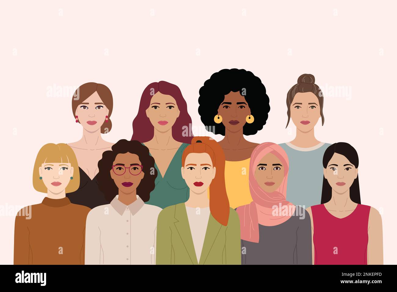 Horizontal banner with group of diverse female characters stand ...