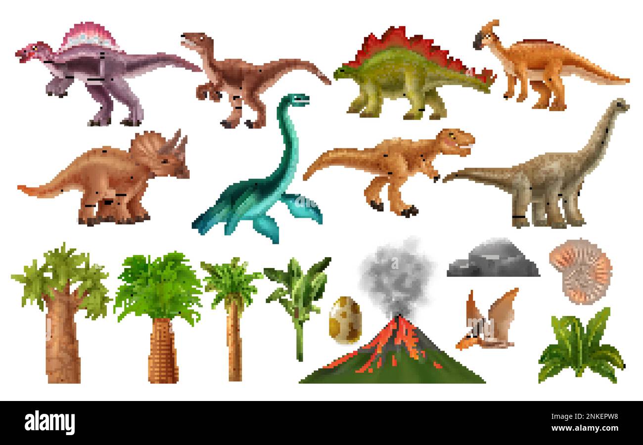 Dinosaurs species and jurassic period landscape elements realistic set ...