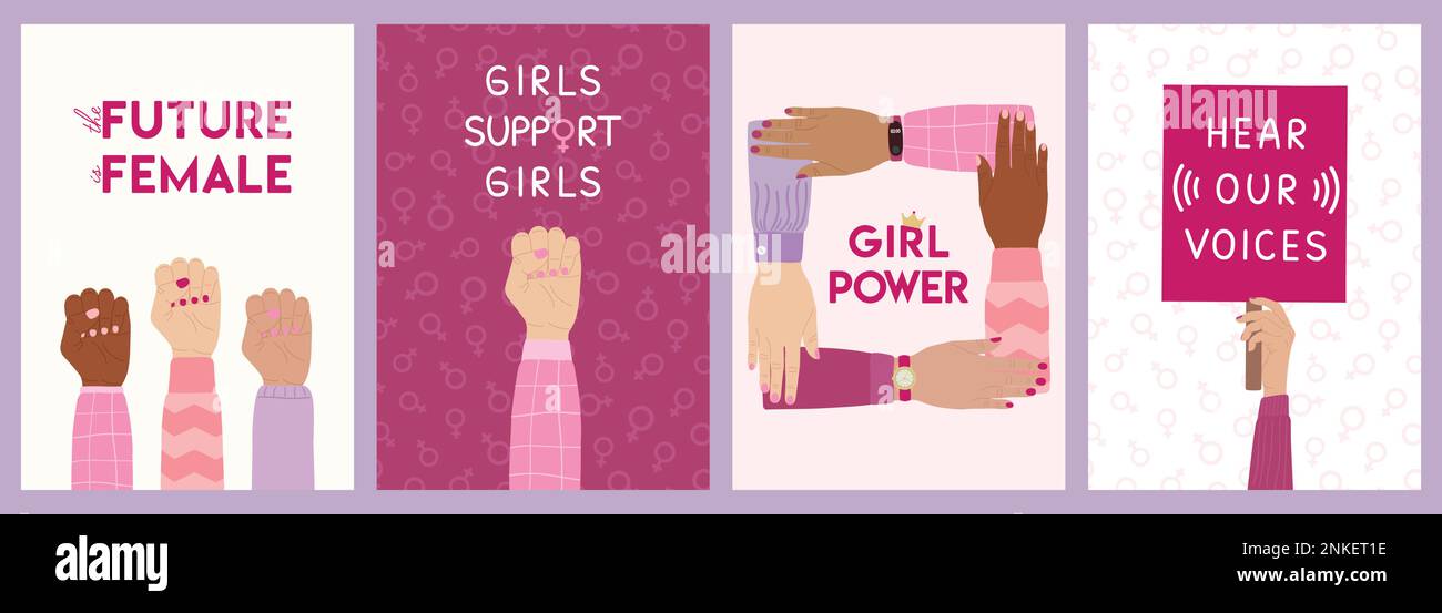 Set of feminist cards with woman rights, empowerment, girl power, fight ...