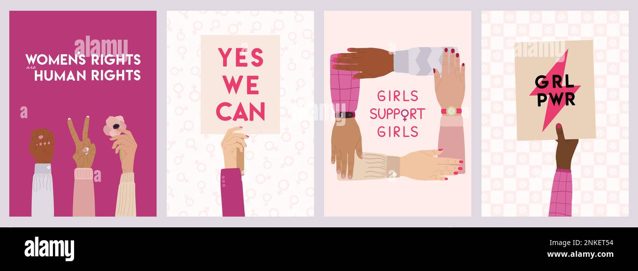 Set of feminist cards with woman rights, empowerment, girl power, fight ...