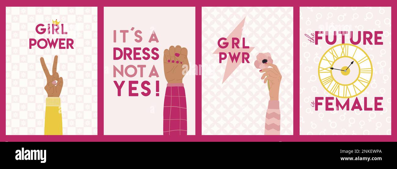 Set of feminist cards with woman rights, empowerment, girl power, fight ...