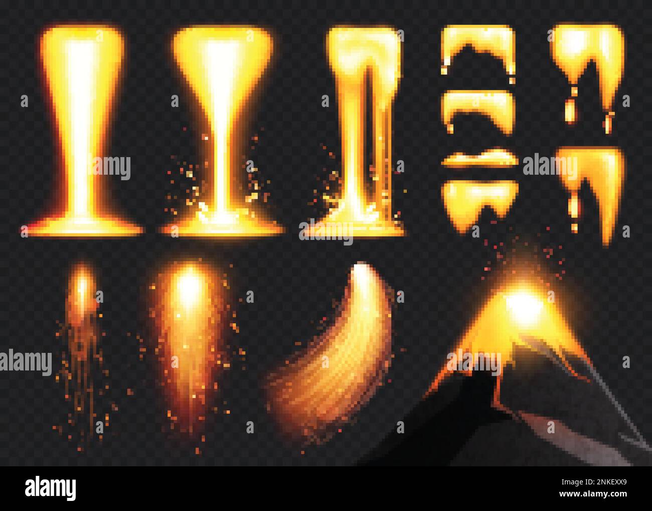 Melted lava flows sparks erupting volcano top realistic set isolated on ...