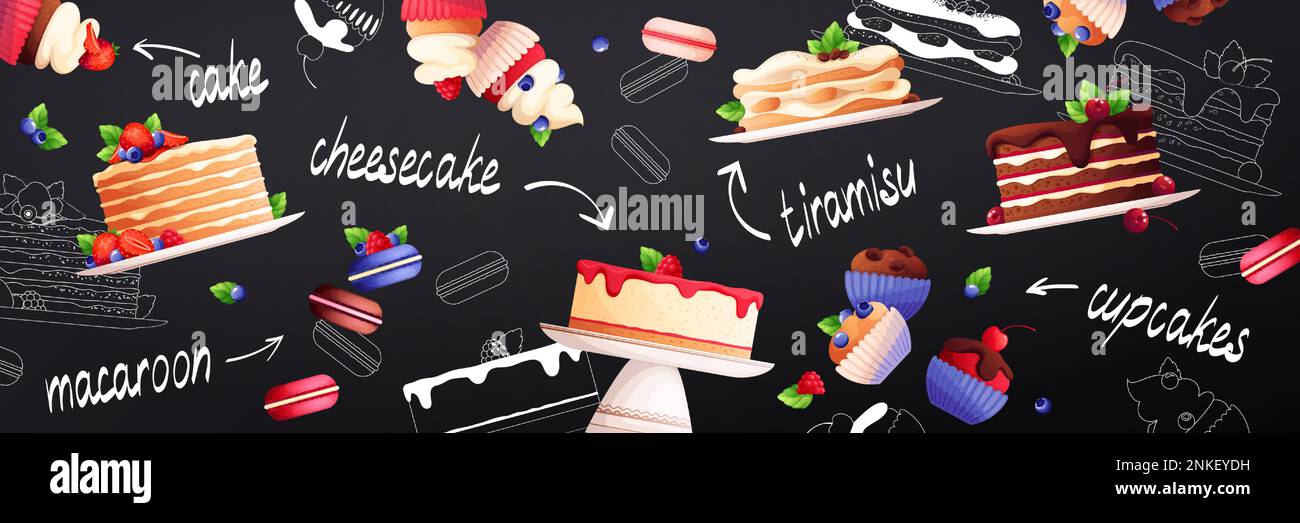 Desserts flat horizontal seamless pattern banner with cakes macaroons cupcakes tiramisu ...