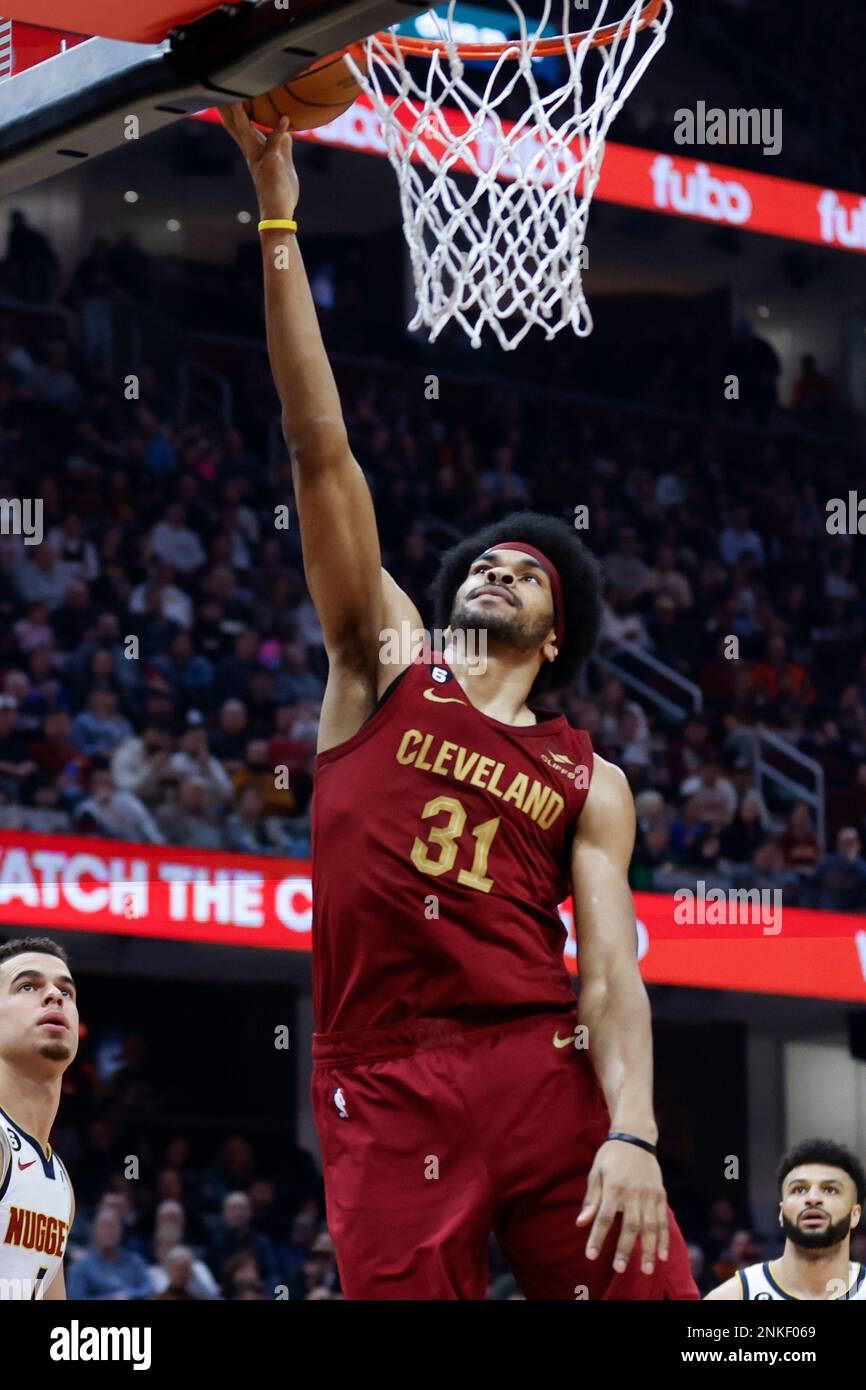 Cleveland Cavaliers center Jarrett Allen shoots against the Denver ...