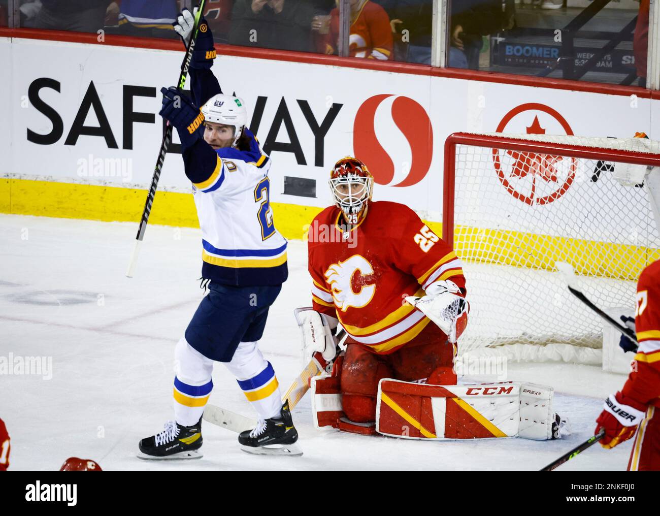 St. Louis Blues' Brandon Saad, left, celebrates a Blues goal on Calgary ...