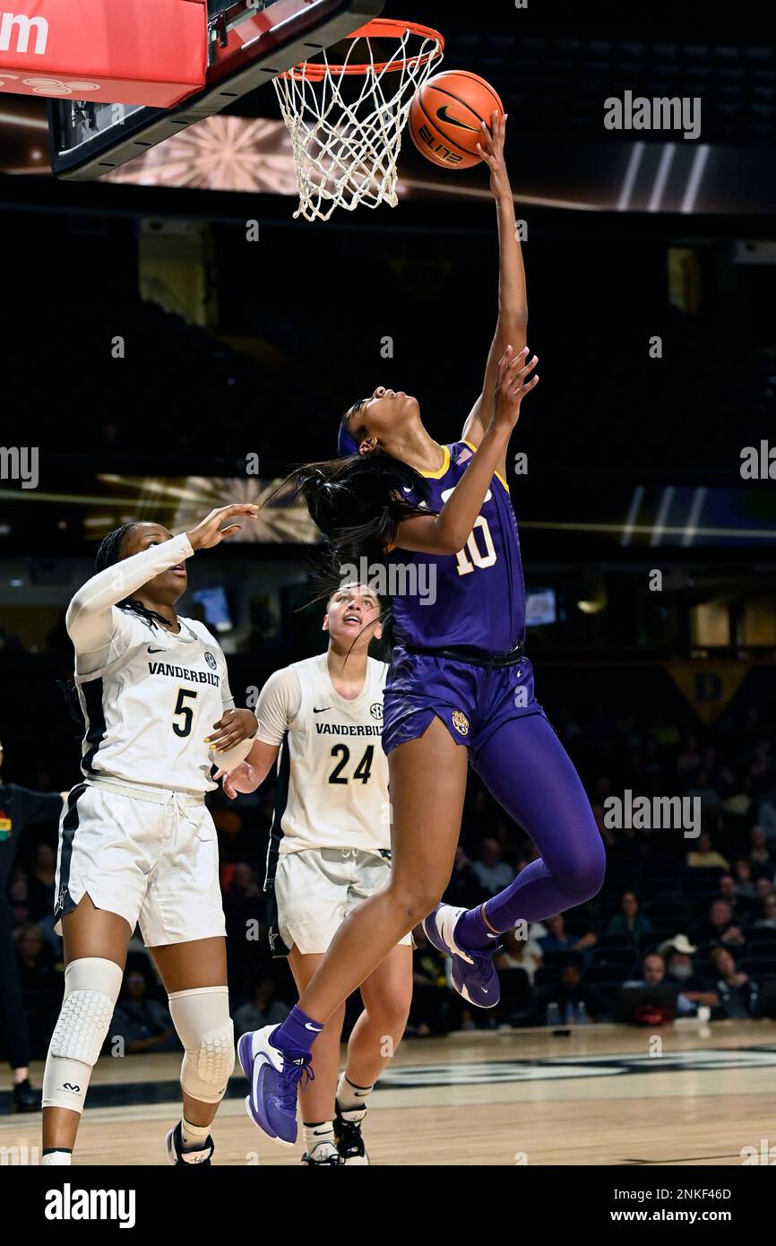 LSU forward Angel Reese (10) scores against Vanderbilt forward Yaubryon ...