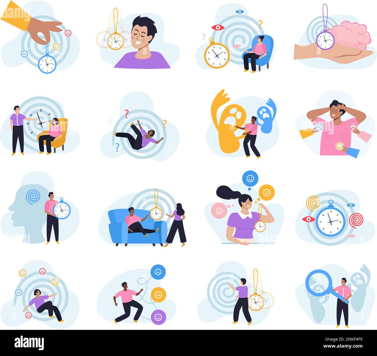 Hypnosis therapy icons set with mental problem symbols flat isolated ...