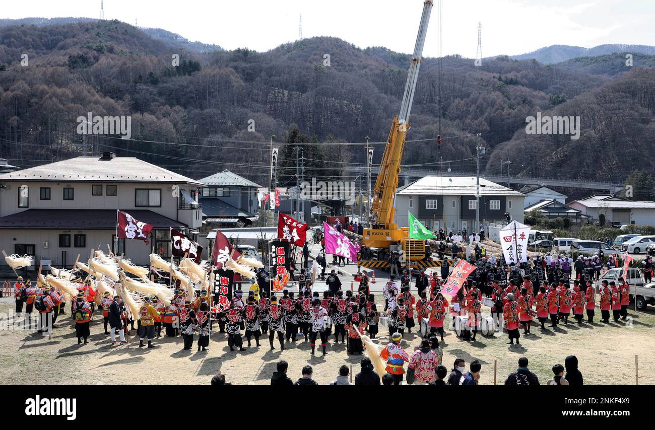 Huge trees are carried by a trailer truck for Onbashira Matsuri, also ...