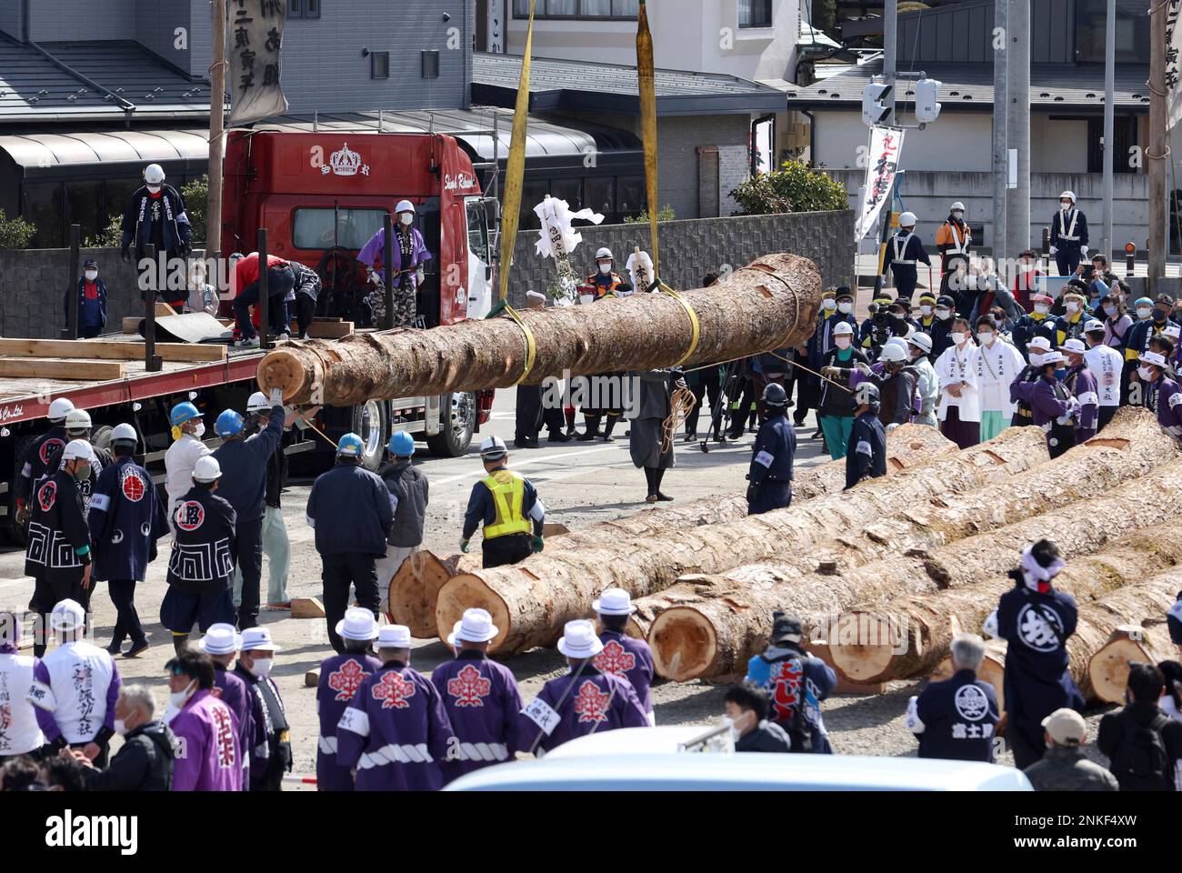 Huge trees are carried by a trailer truck for Onbashira Matsuri, also ...