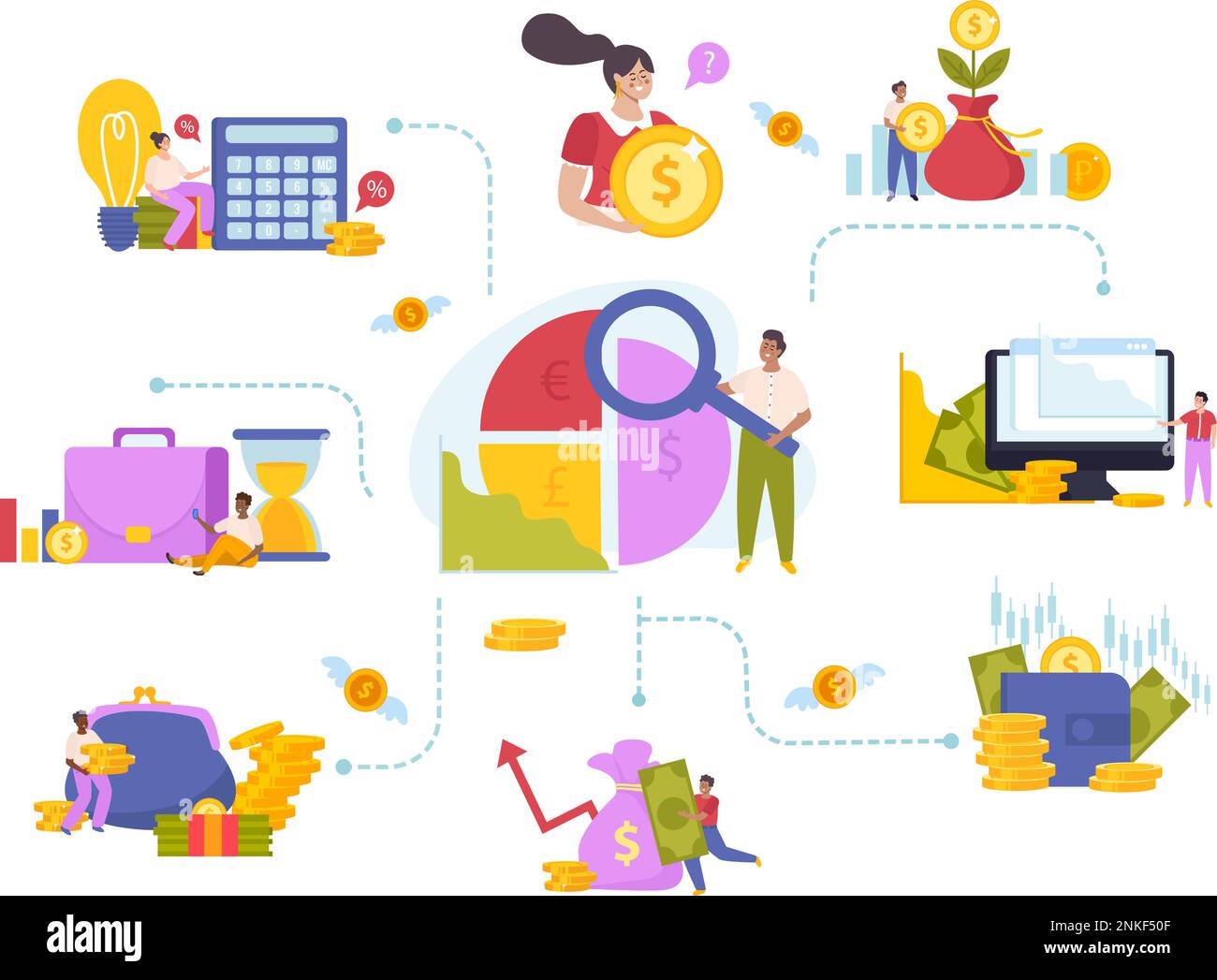 Financial diversification composition with balance and income symbols ...
