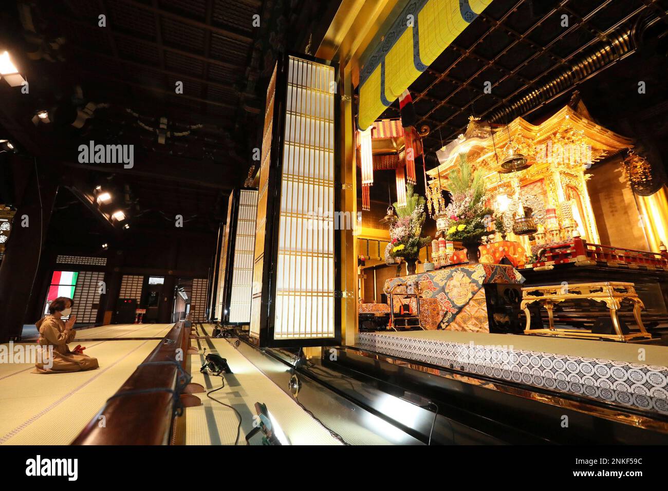 The repaired chancel of Amidado (Hall of Amida Buddha) is opened to ...