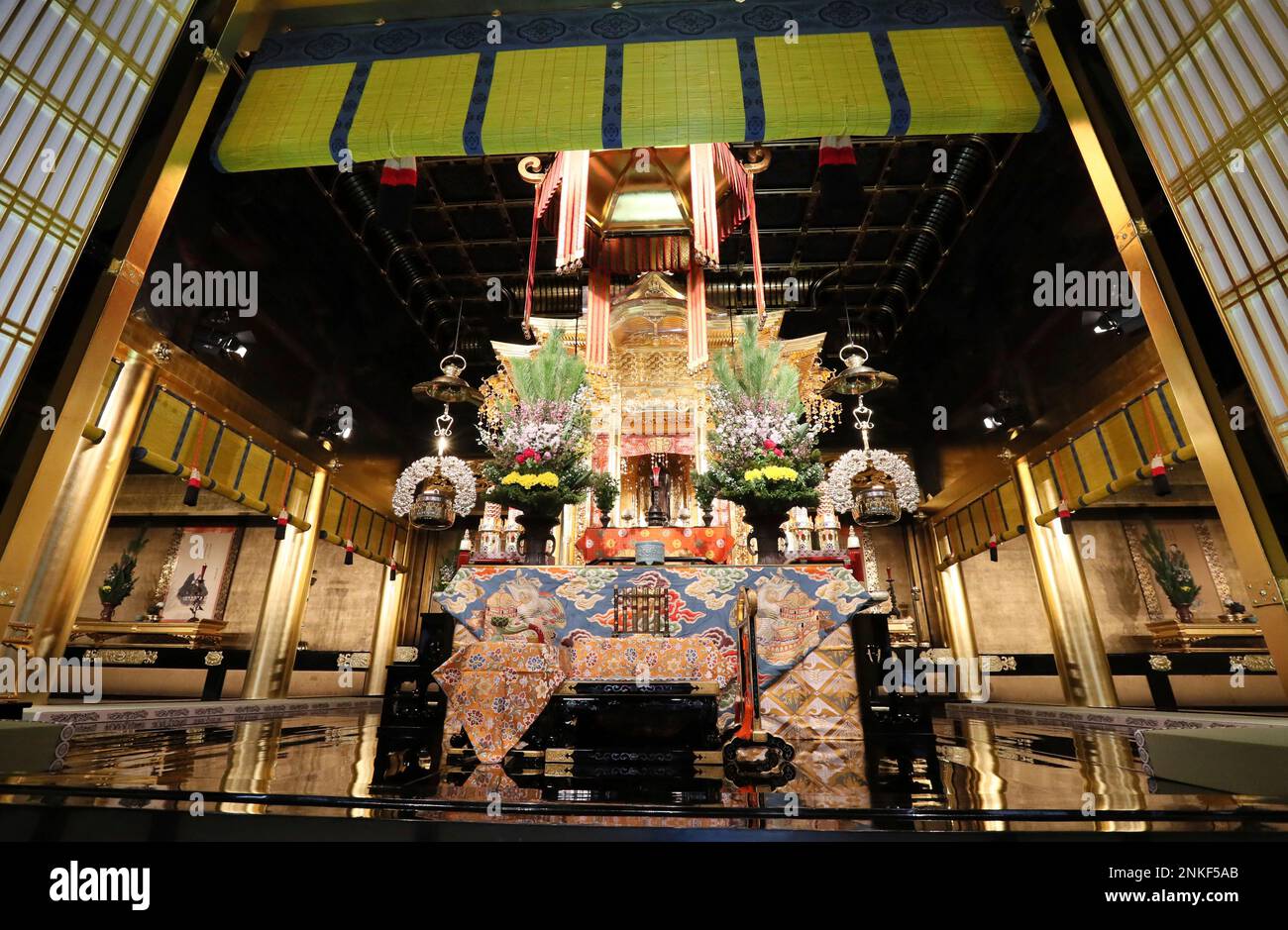 The repaired chancel of Amidado (Hall of Amida Buddha) is opened to ...