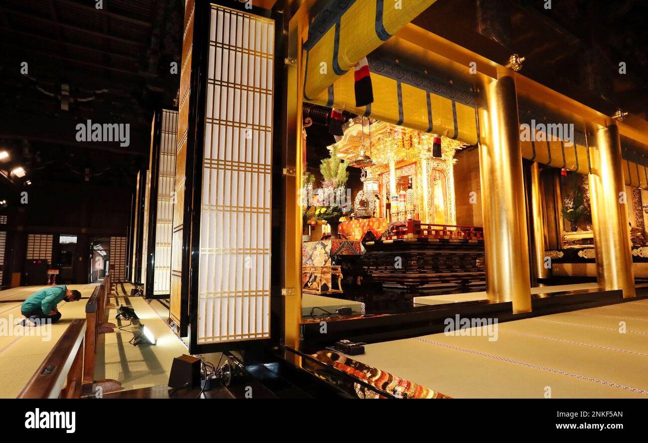 The repaired chancel of Amidado (Hall of Amida Buddha) is opened to ...