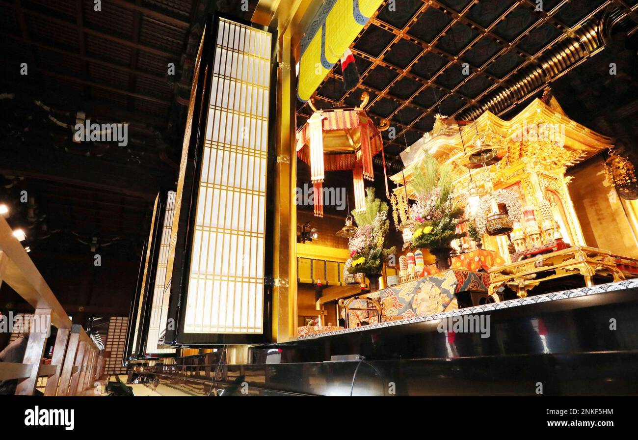 The repaired chancel of Amidado (Hall of Amida Buddha) is opened to ...