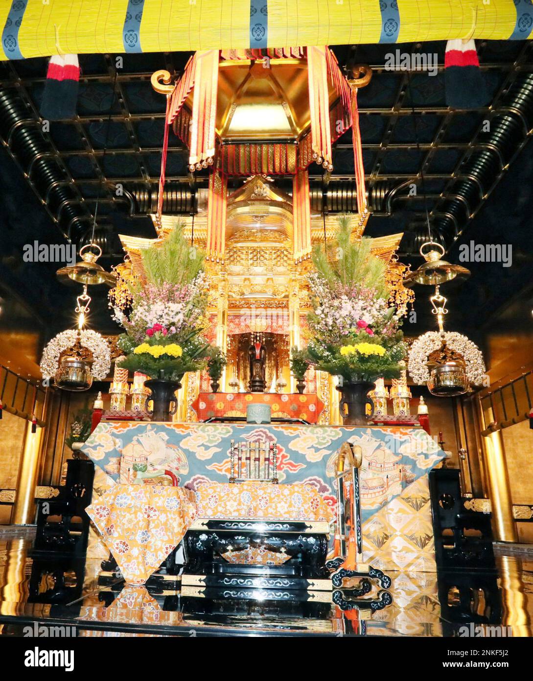 The repaired chancel of Amidado (Hall of Amida Buddha) is opened to ...