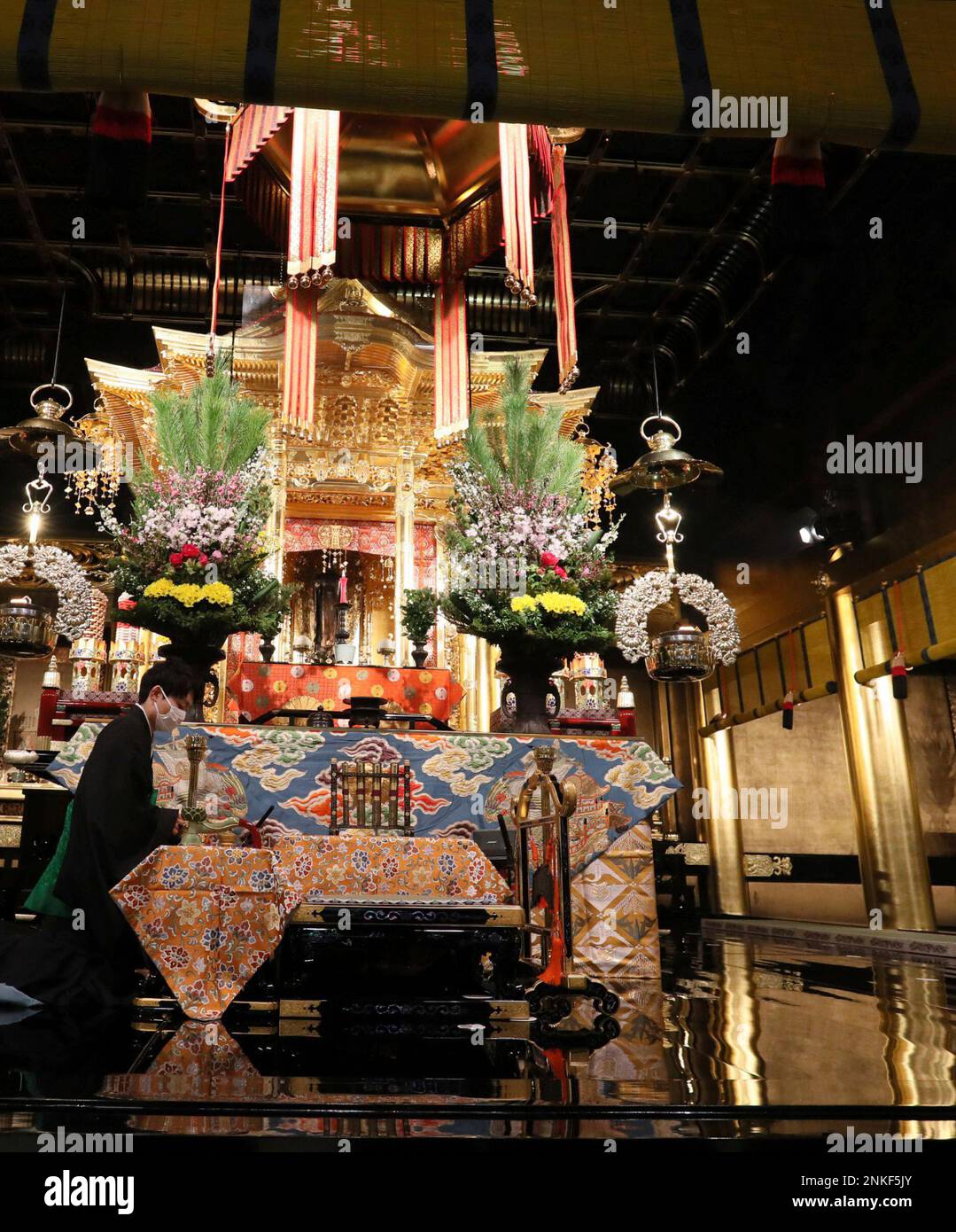 The repaired chancel of Amidado (Hall of Amida Buddha) is opened to ...