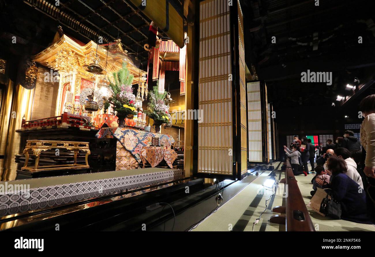 The repaired chancel of Amidado (Hall of Amida Buddha) is opened to ...
