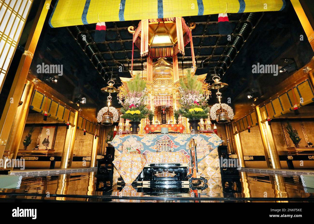 The repaired chancel of Amidado (Hall of Amida Buddha) is opened to ...