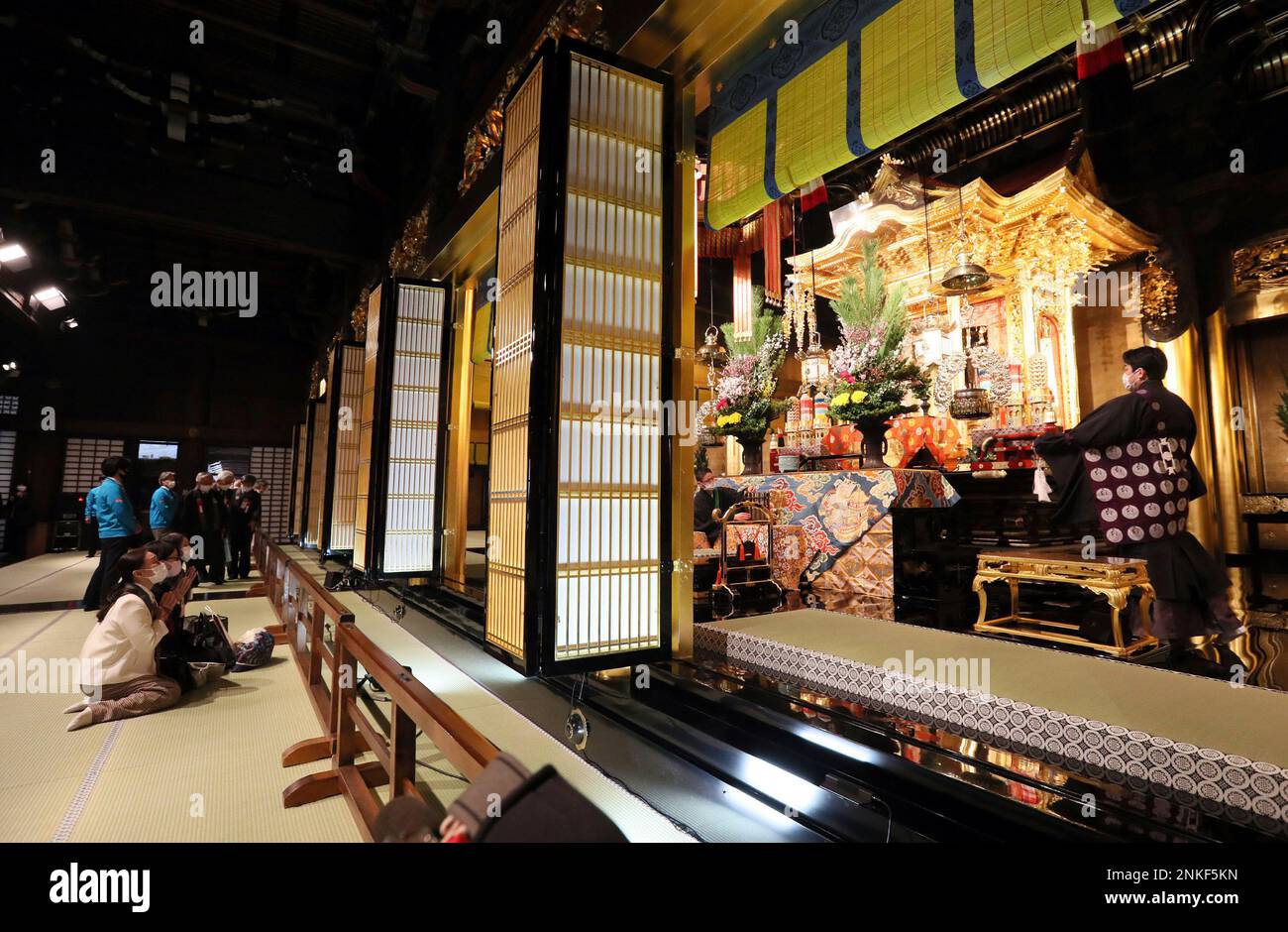 The repaired chancel of Amidado (Hall of Amida Buddha) is opened to ...